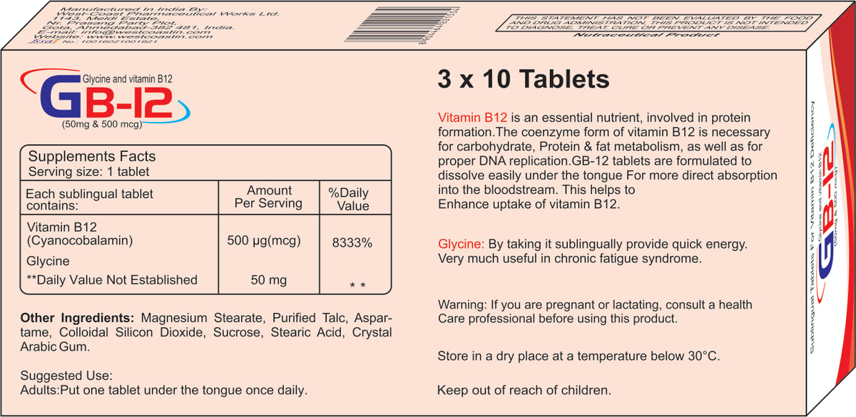 Westcoast GB-12 Tablets for Vitamin B12 Deficiency- 3x10 Tablets ...